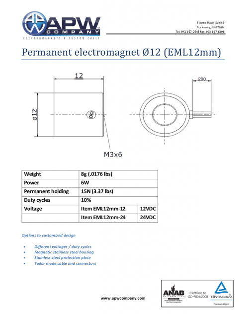 EML12mm-12 - Round Permanent Electromagnet 12 mm Dia. 12 volts DC ...